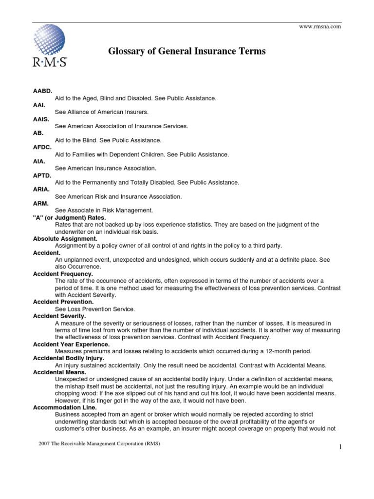 General Insurance Terms Glossary | PDF | Underwriting | Insurance