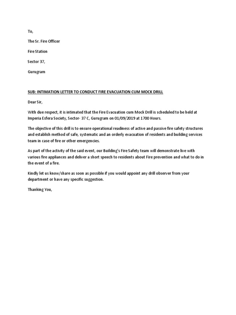 Sub: Intimation Letter To Conduct Fire Evacuation Cum Mock Drill | PDF