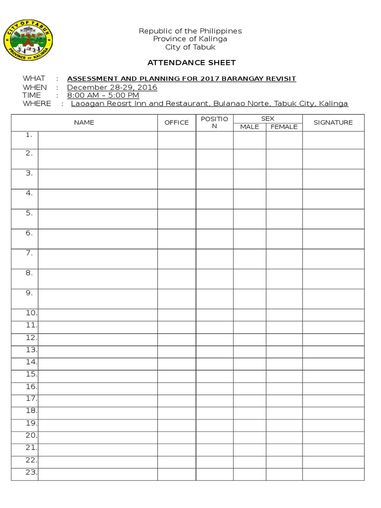 Attendance Sheet: Assessment and Planning For 2017 Barangay Revisit | PDF
