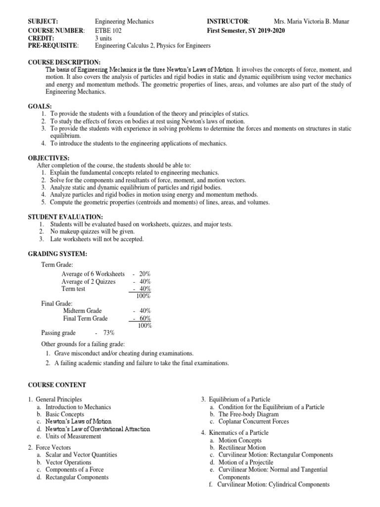 Engineering Mechanics Course Description and Contents | PDF | Force ...