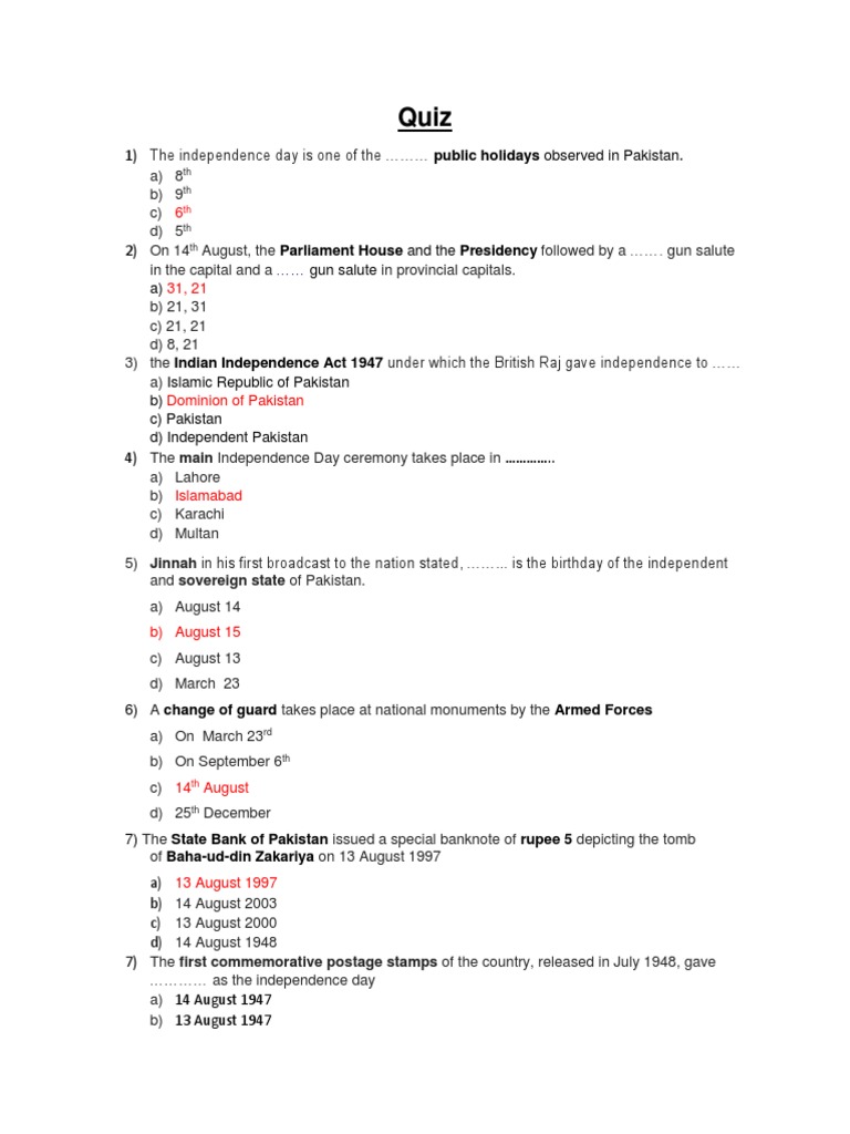 Independence Day Quiz for Pakistan | PDF