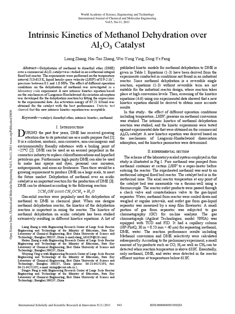 Intrinsic Kinetics of Methanol Dehydration Over Al2O3 Catalyst | PDF ...