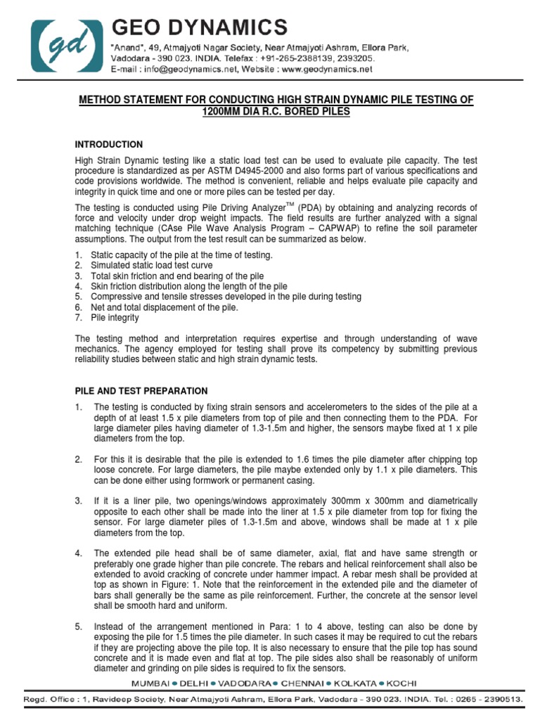 Method Statement For Conducting High Strain Dynamic Pile Testing of ...