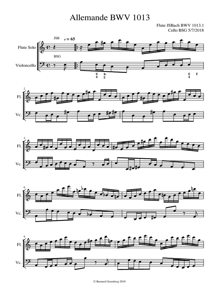 Allemande BWV 1013: Flute Jsbach BWV 1013.1 Cello BSG 5/7/2018 65 | PDF ...
