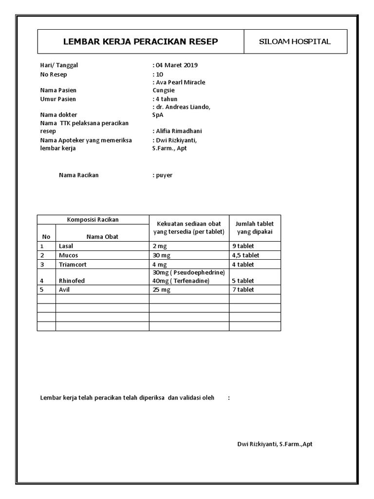 Blangko Lembar Kerja PERACIKAN OBAT Resep (1) TUGAS 2 PILEK | PDF