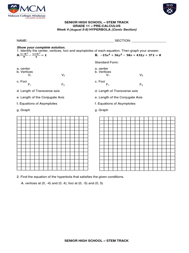 Hyperbola Worksheet | PDF | Algebraic Geometry | Geometric Shapes