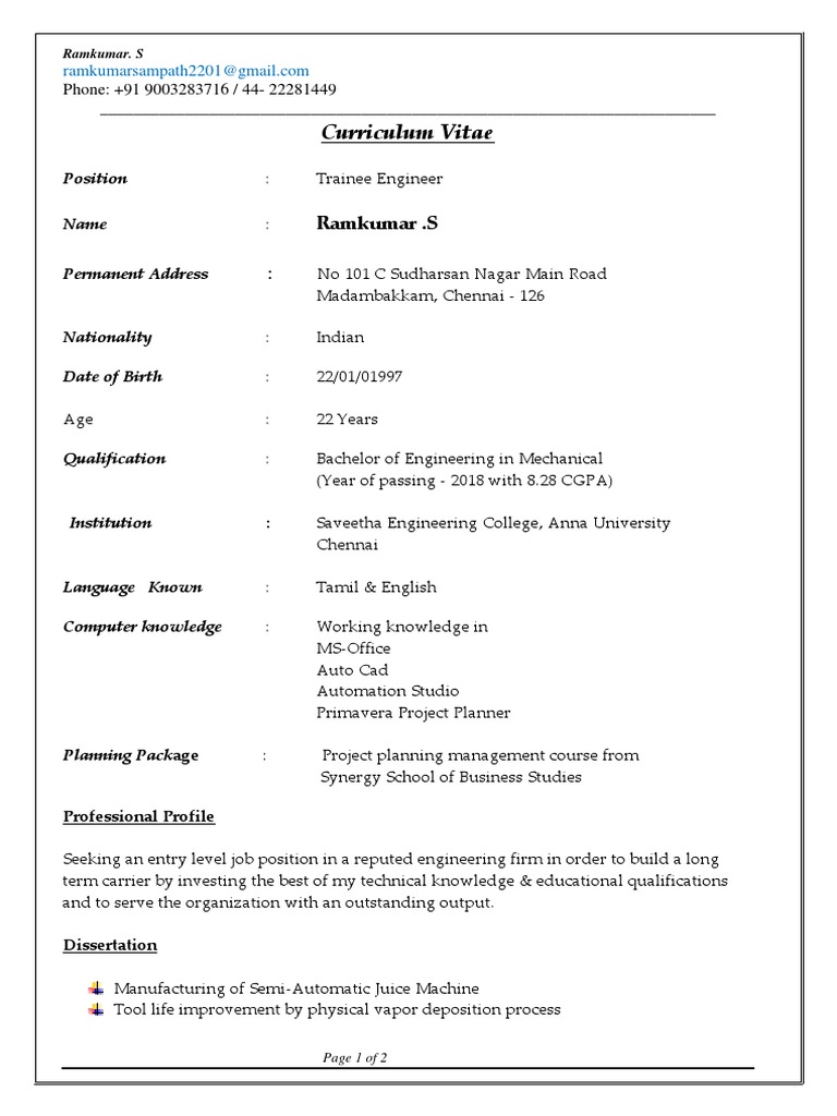 Curriculum Vitae: Ramkumar .S | Download Free PDF | Engineering | Computing