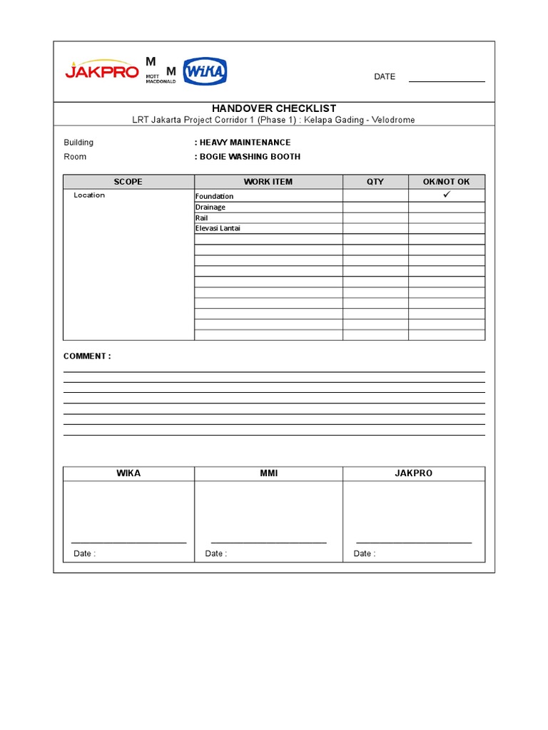 Checklist Bogie Washing Booth