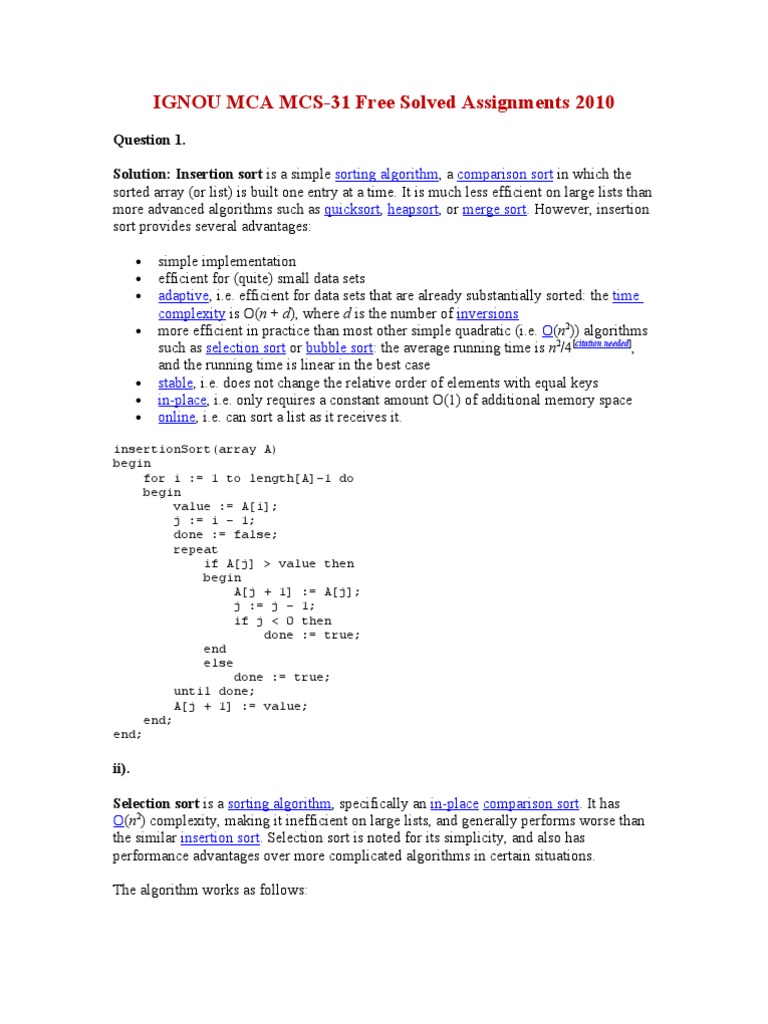 Ignou Mca Mcs 031 Solved Assignment 2010 Pdf Time Complexity Applied Mathematics
