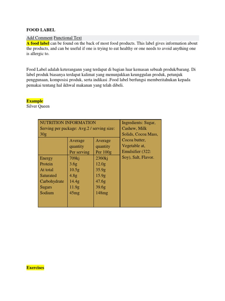 FOOD LABEL Exercise | PDF | Nutrition Facts Label | Vitamin C