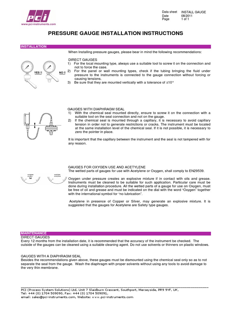 Pressure Gauge Installation Instructions | PDF | Pressure Measurement ...