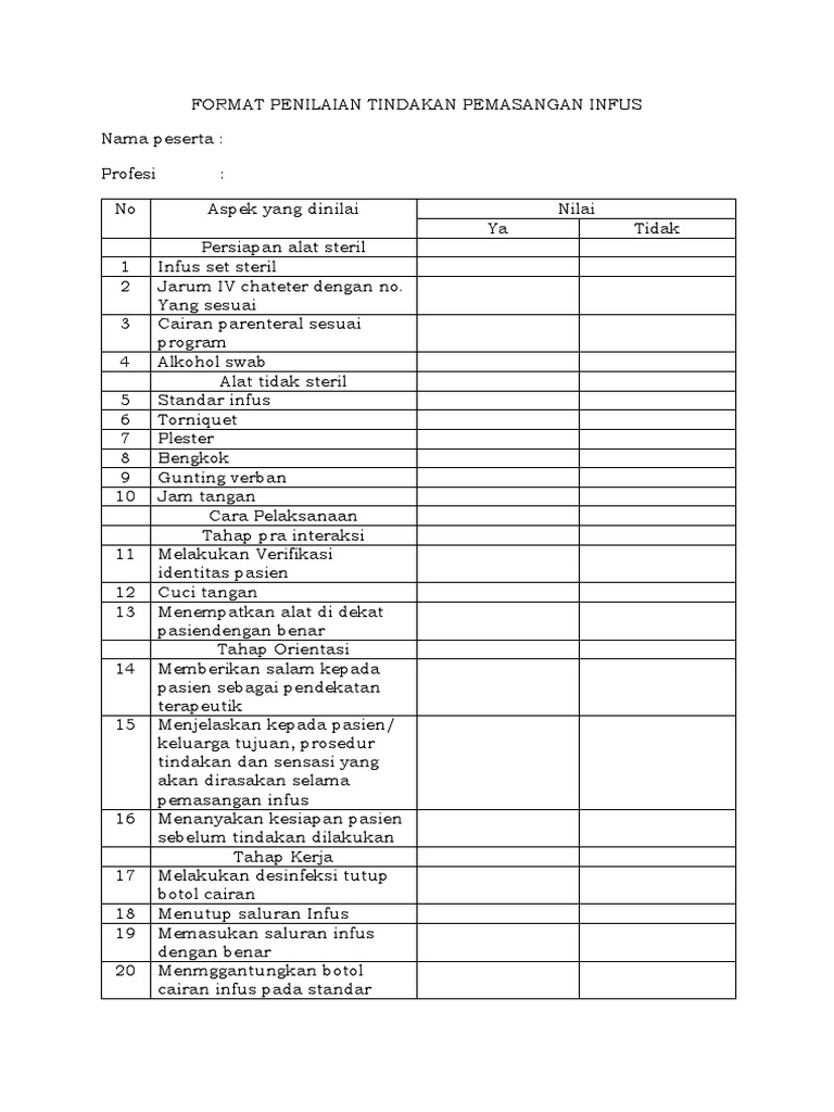 Format Penilaian Tindakan Pemasangan Infus Fix | PDF