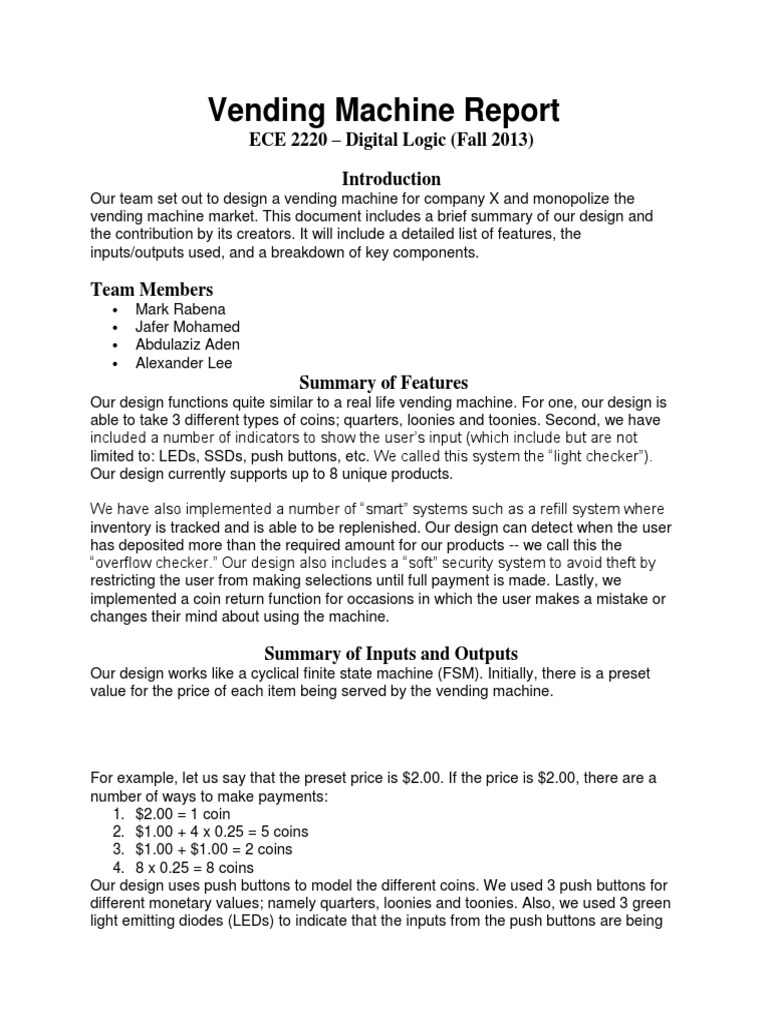 Vending Machine Report: ECE 2220 - Digital Logic (Fall 2013) | PDF ...