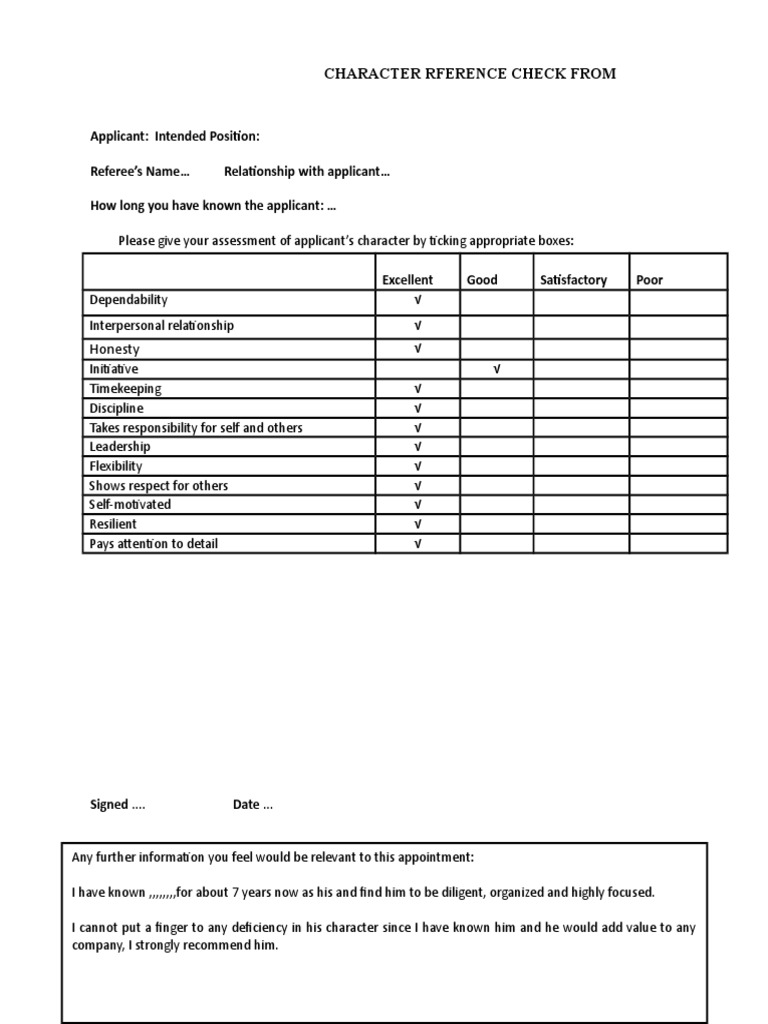 Character Reference Check List | PDF