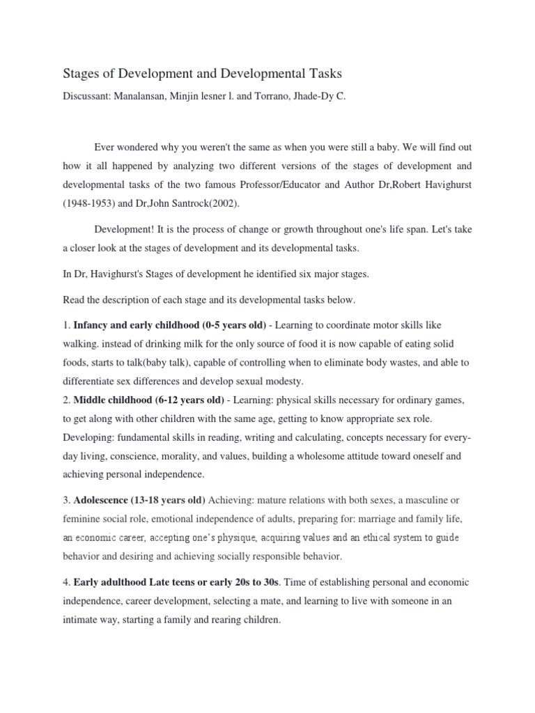 Developmental Stages and Tasks | PDF | Developmental Psychology | Childhood