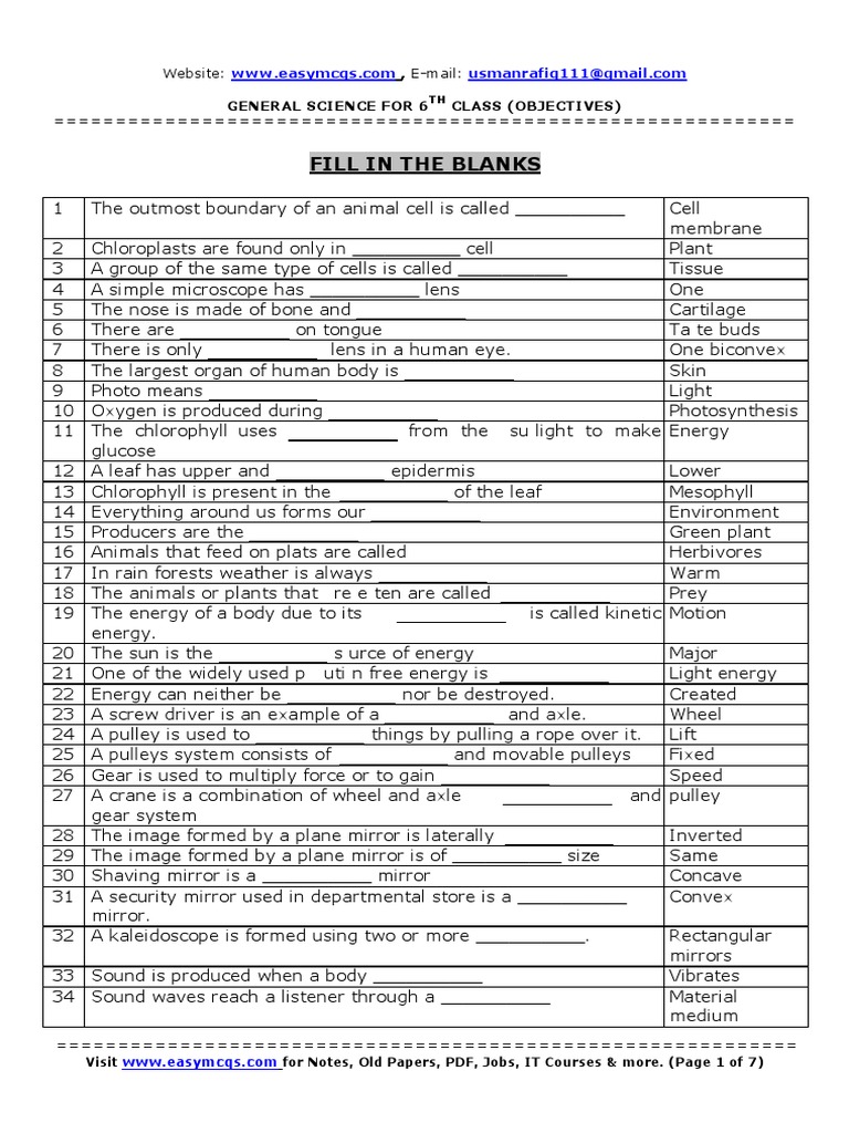 6th Class General Science Full Book Objective Type Questions Answers ...