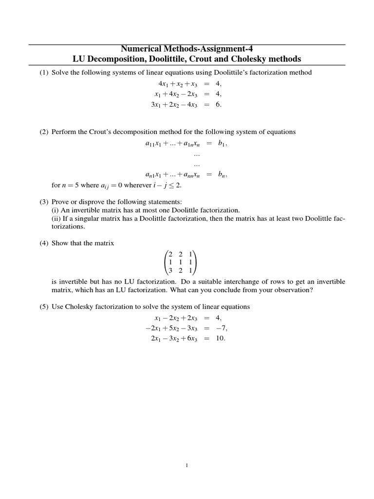 Numerical Methods-Assignment-4 LU Decomposition, Doolittile, Crout and Cholesky Methods | PDF