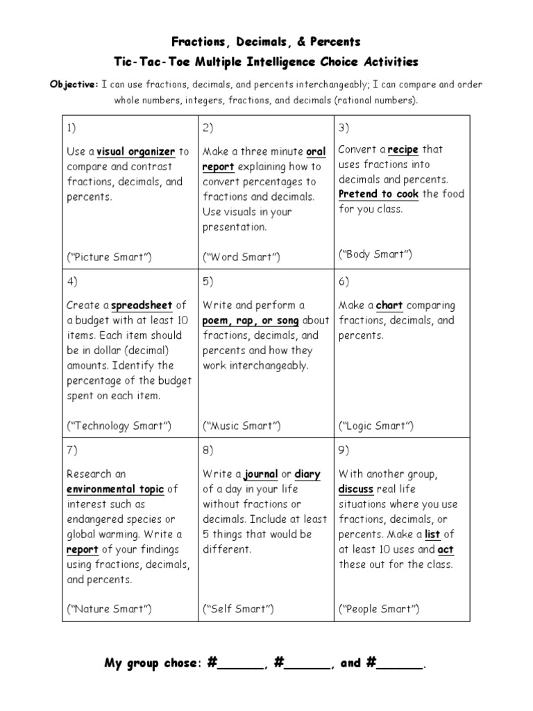 Mi Fractions Decimals Percents Choice Board | PDF