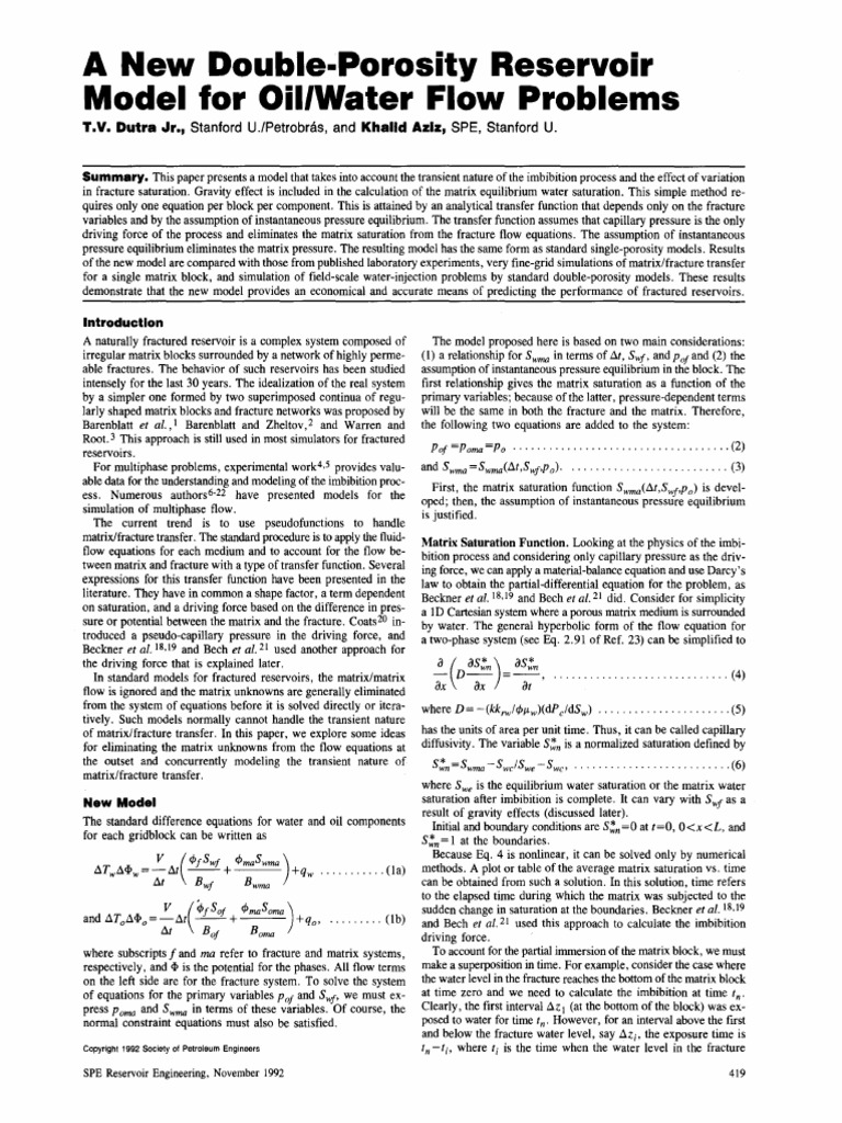 A New Double Porosity Reservoir Model For Oil/Water Flow Problems | PDF ...