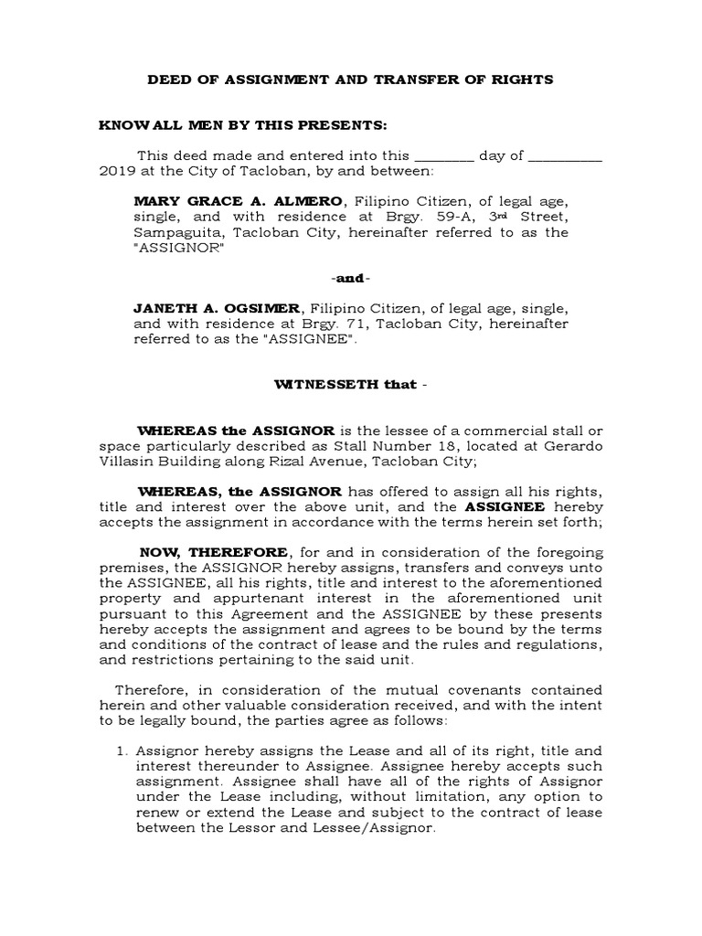 Deed of Assignment and Transfer Rights | PDF | Assignment (Law) | Landlord