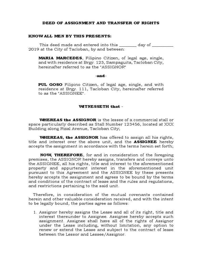 Deed of Assignment - Almero | PDF | Assignment (Law) | Landlord