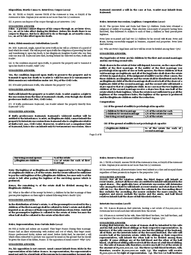 Succession Bar Exam Question 2 | PDF | Will And Testament | Intestacy