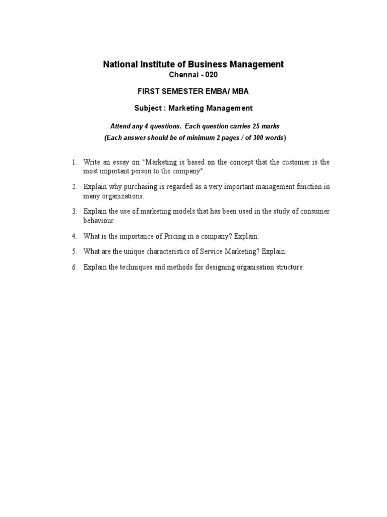 NIBM EMBA Marketing Exam Questions | PDF | Market Segmentation | Pricing