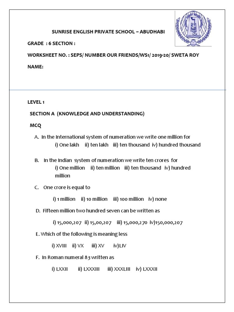 WorkSheet Knowing Our Numbers | PDF