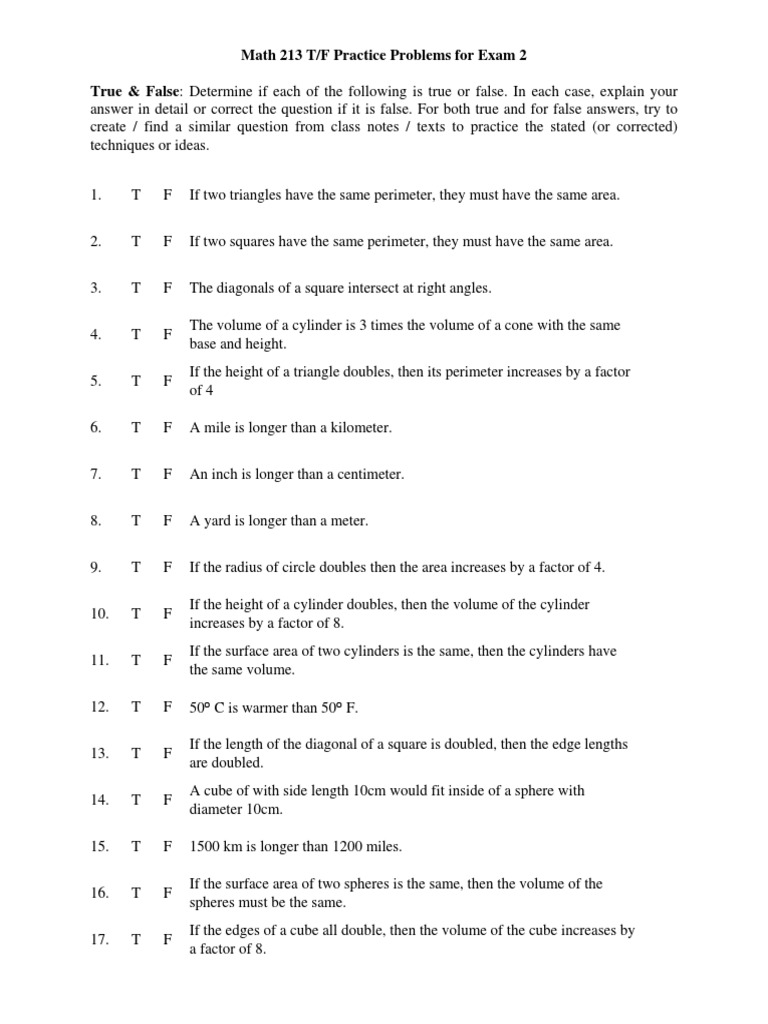 Math 213 T/F Practice Problems For Exam 2 True & False: Determine If ...