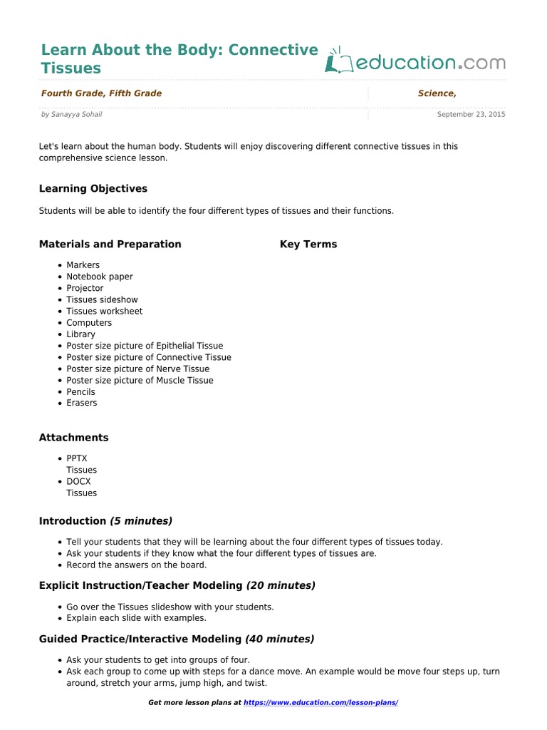 Learn The Body Connective Tissues | PDF | Tissue (Biology) | Lesson Plan