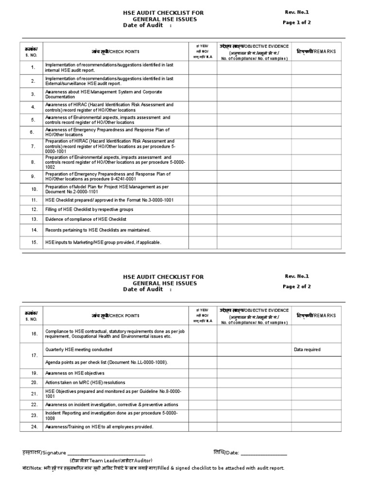 HSE Checklist For General HSE Issues | PDF | Risk Assessment | Audit
