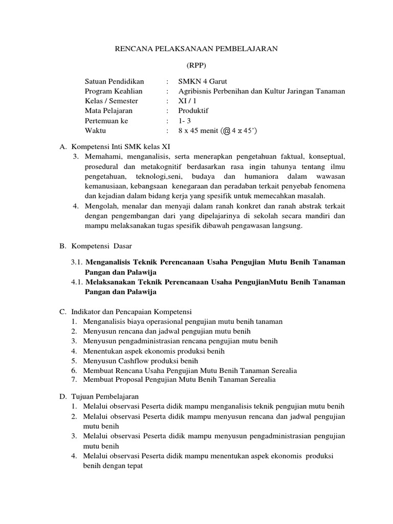 RPP 1, Mutu Benih 2018 | PDF