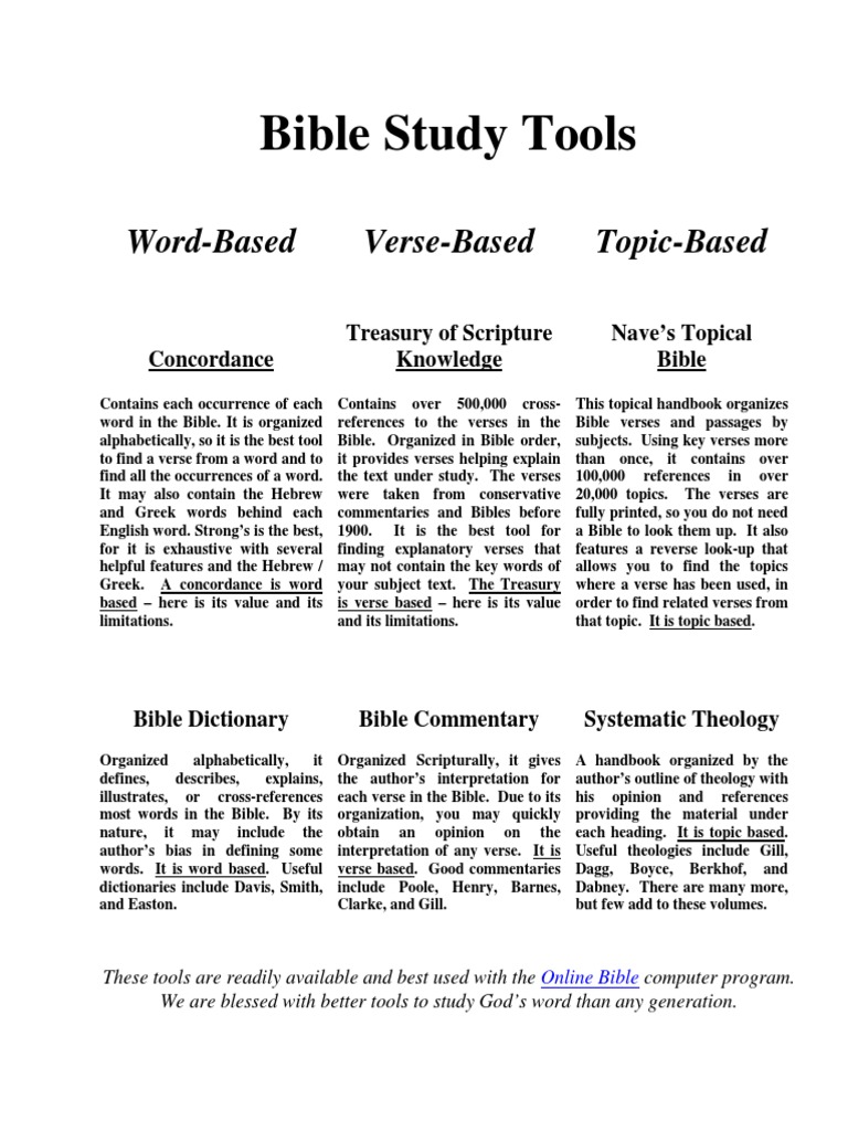 Bible Study Tools: Word-Based Verse-Based Topic-Based | PDF | Chapters ...