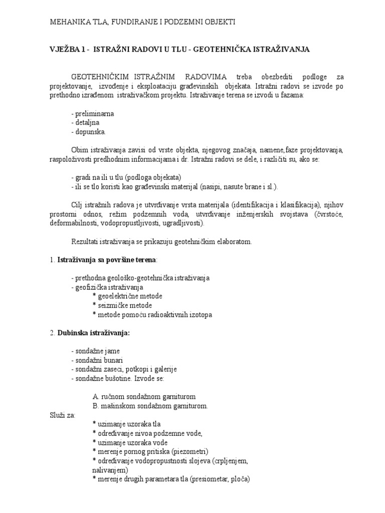 234 - Vjezba 01 - Istrazni Radovi U Tlu - Geotehnicka Istrazivanja | PDF