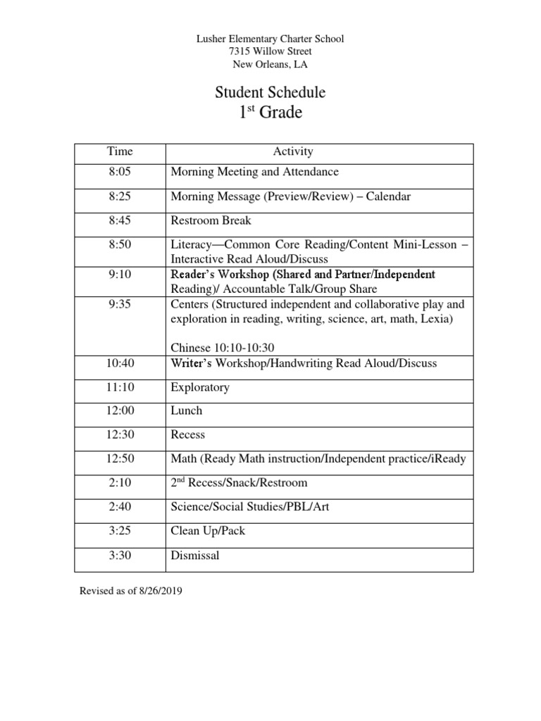 1st Grade Schedule 2019 | PDF
