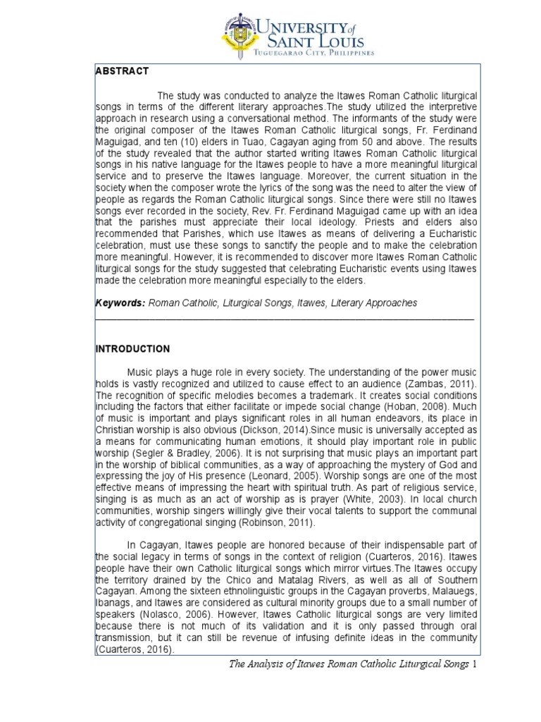 Keywords: Roman Catholic, Liturgical Songs, Itawes, Literary Approaches ...