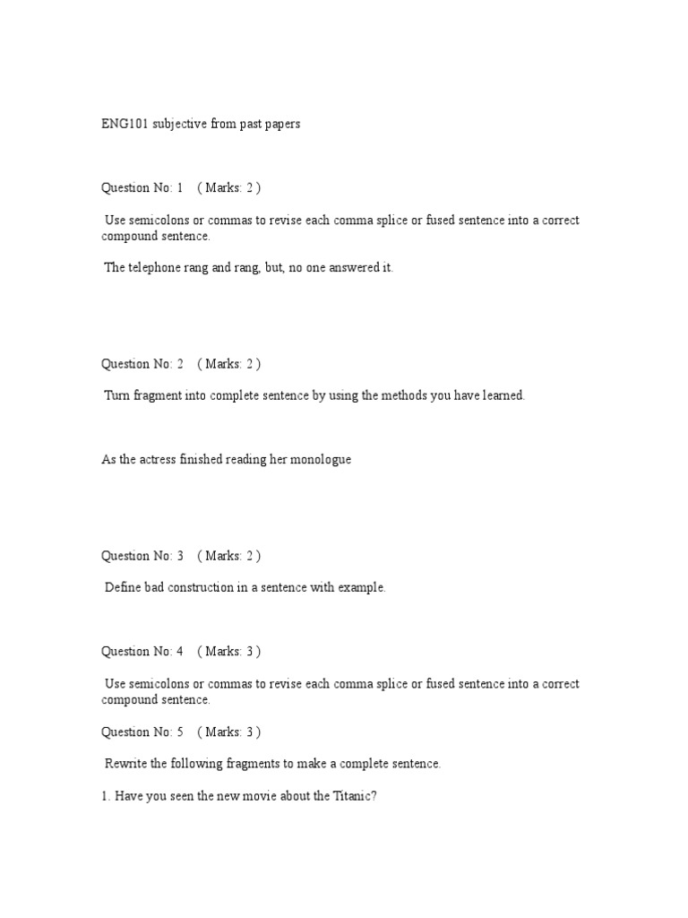 ENG101 Solved Subjective Papers