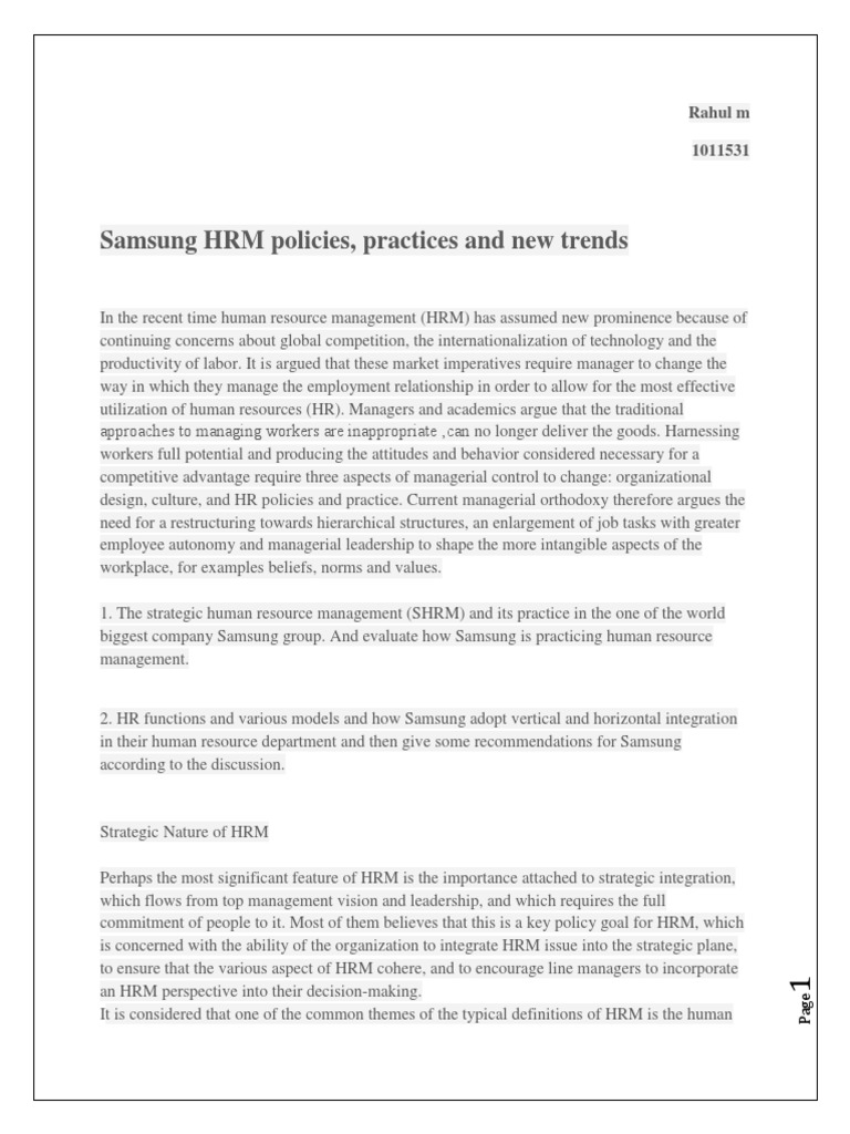 Samsung HRM Policies, Practices and New Trends: Rahul M 1011531 | PDF ...