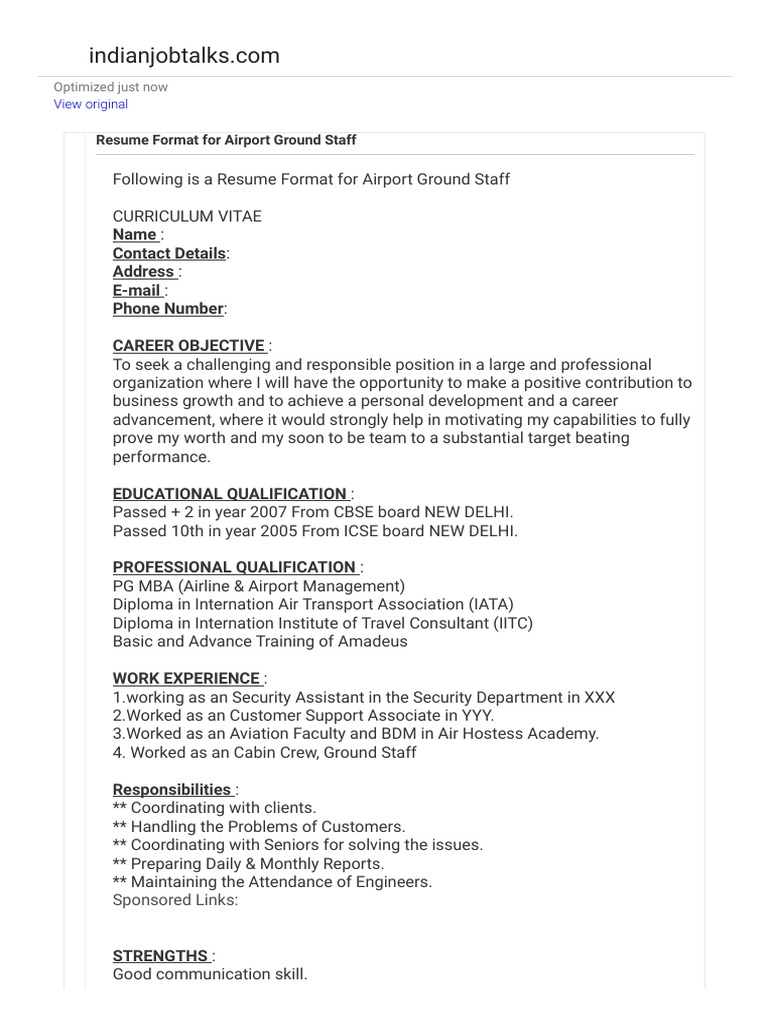 Airport Ground Staff Resume