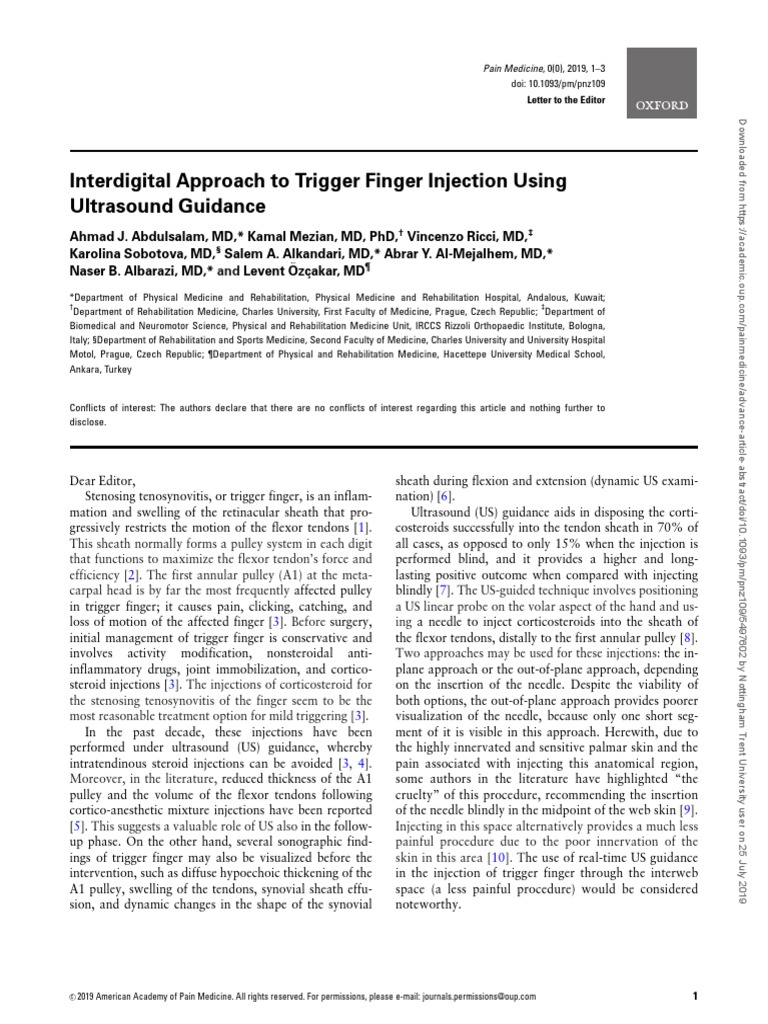 Interdigital Approach To Trigger Finger Injection Using Ultrasound ...