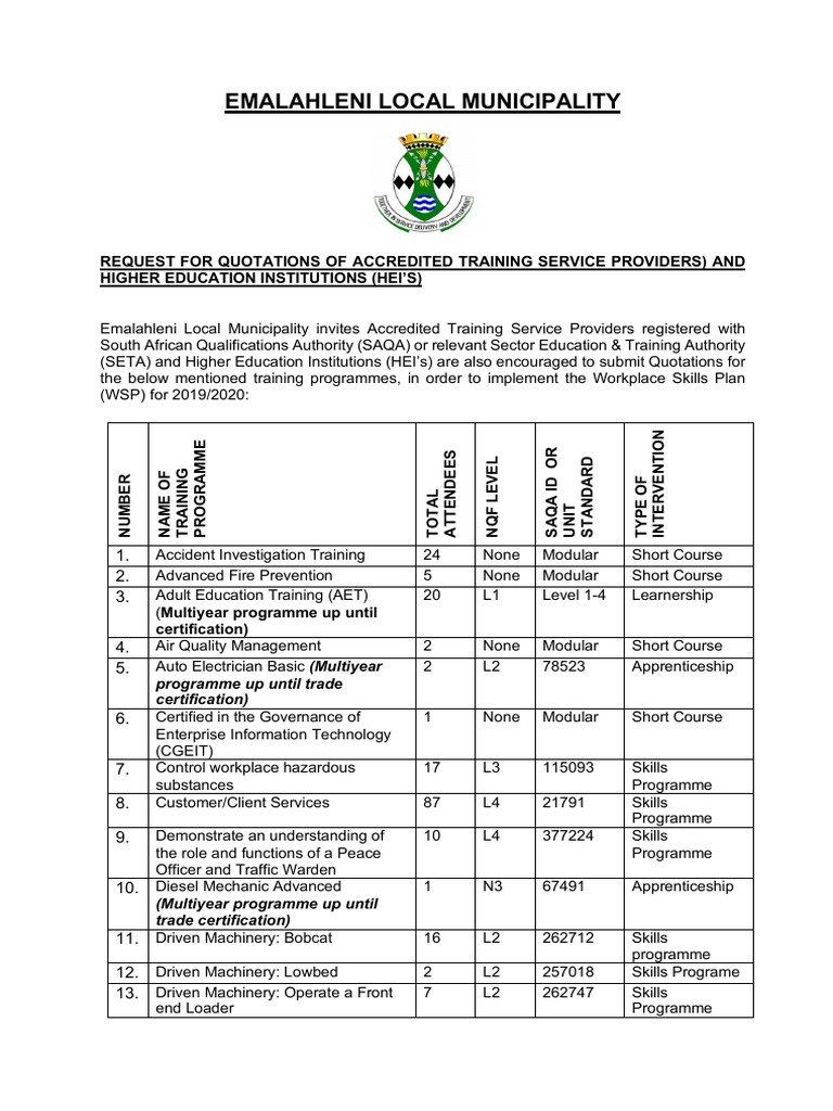 Request For Quotations of Accredited Training Service Providers) and ...