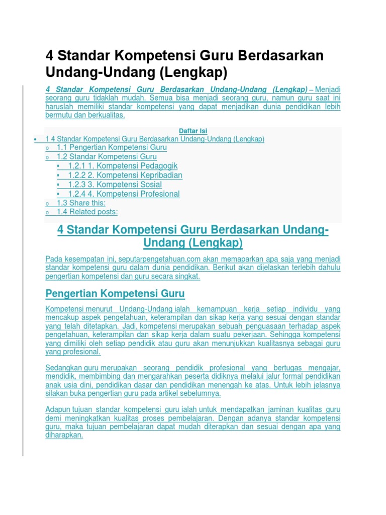 4 Standar Kompetensi Guru Berdasarkan Undang | PDF