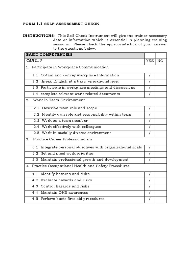 Form 1.1 Self-Assessment Check INSTRUCTIONS: This Self-Check Instrument Will Give The Trainer ...