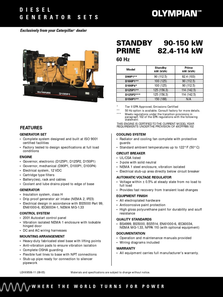 Cat Olympian 150 KW d150p1 Spec - Sheet PDF | PDF | Radiator | Electric ...
