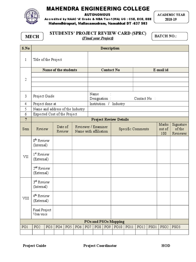 Students' Project Review Card (SPRC) Mech: Batch No. | PDF
