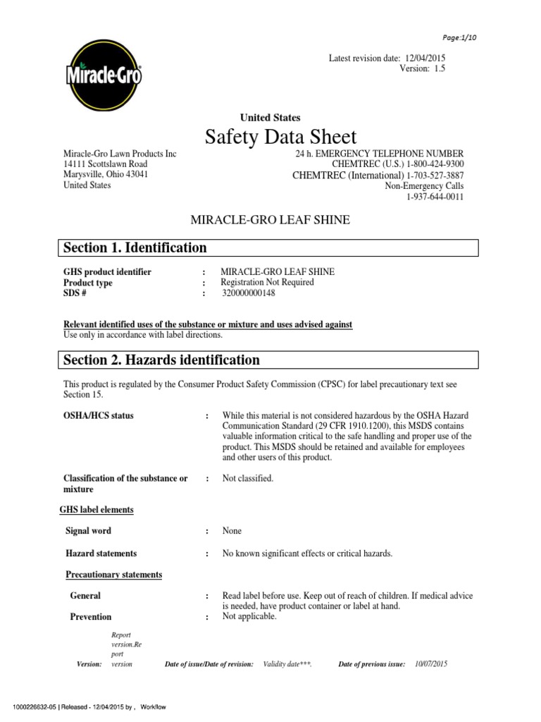 Miracle Gro Leaf Shine Ms Ds | PDF | Safety | Chemistry
