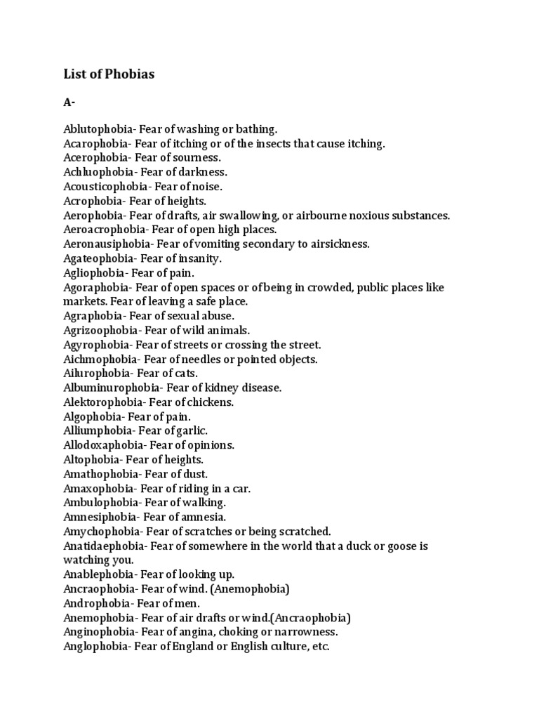 List of Phobias | PDF | Fear | Phobia