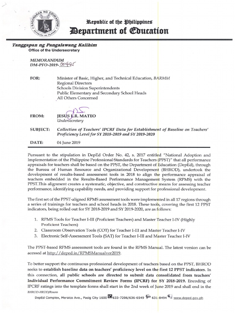 DM PFO 2019 00495 Collection of Teachers' IPCRF Data | PDF