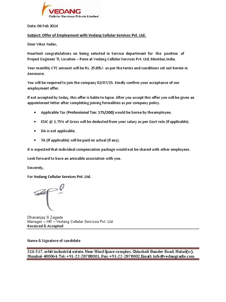 Vedang Offer Letter | PDF