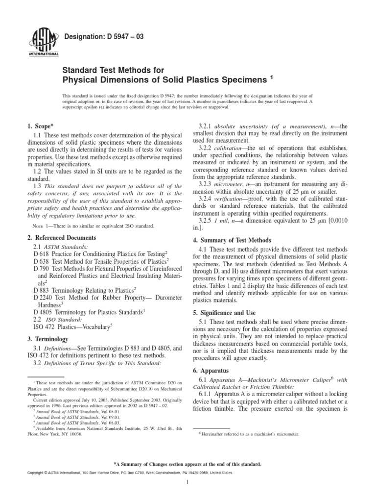 Astm D5947 06 Standard Test Methods For Physical Dimensions of Solid ...